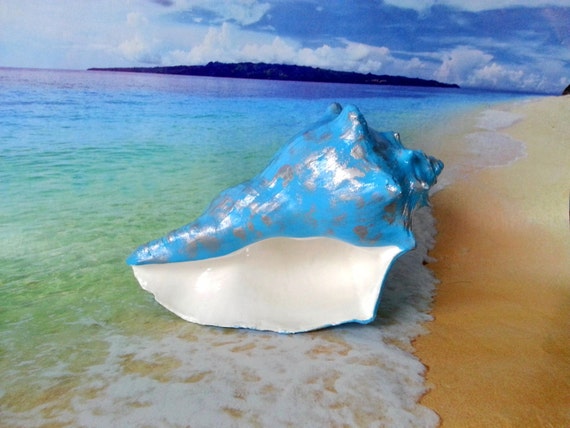 Hand painted blue conch shell coastal seashell by beachseacrafts