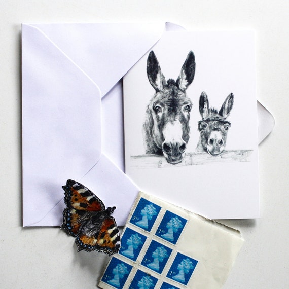 Blank Card Two Donkeys Pencil Drawing