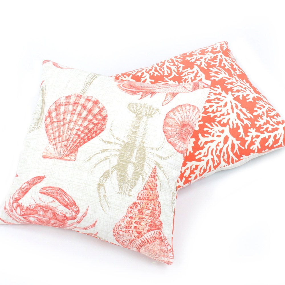 Coral Orange Nautical Outdoor Reversible 18x18 Pillow Cover