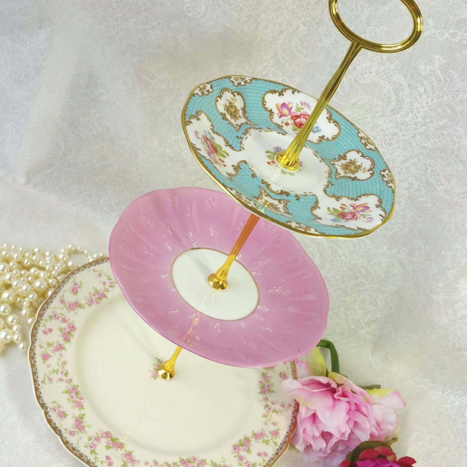 Pink and Blue 3 Tiered Cake Stand/ Dessert Stand/ Pink Roses/ Jewelry ...