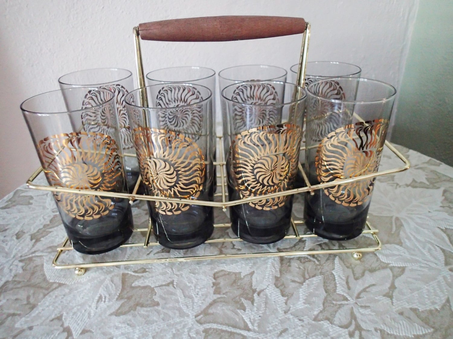 Vintage mid century glassware in wire drink barware caddie serving rack ...