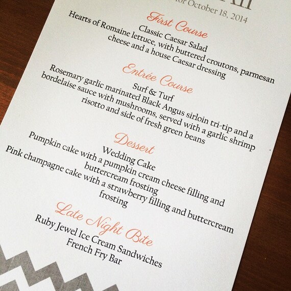 Chevron Wedding Reception Dinner Menu by papersAndplenty on Etsy