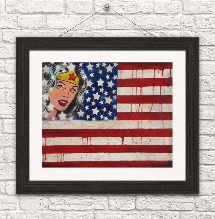 Wonder woman art-Wonder U.S.A-flag art-Art by pinkypilotsart