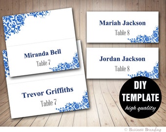Elegant Wedding Placecard Template Foldover Blue Place card