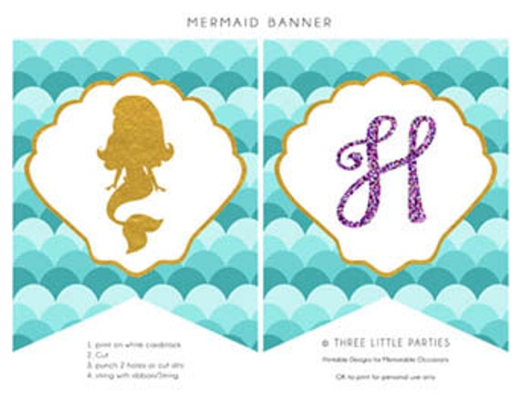 Personalized Mermaid Banner - Printable Mermaid Banner by Three Little ...