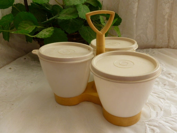 Vintage TUPPERWARE CONDIMENT HOLDER Caddy Three Containers w/