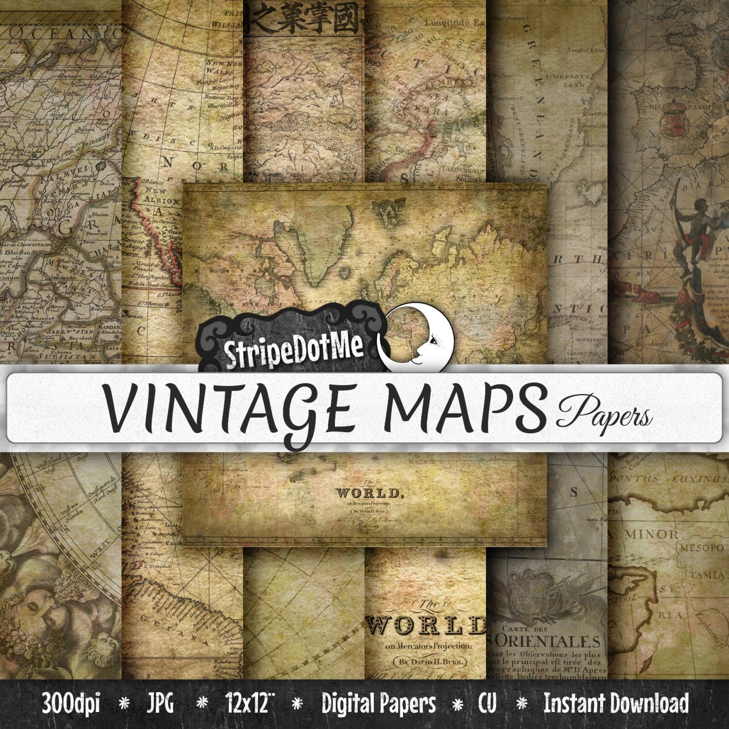 Vintage Maps Digital Paper Pack Europe, Asia, Africa, America, Old ...