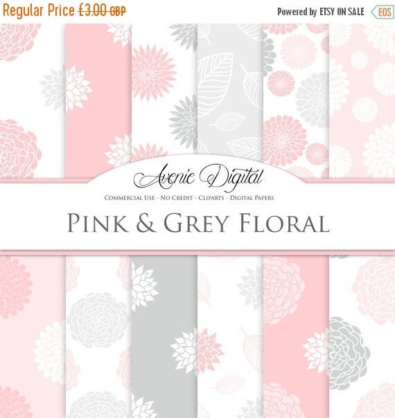 SALE Pink and gray floral Digital Paper. by AvenieDigital on Etsy