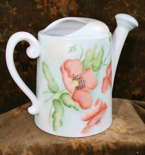 Vintage hand painted watering pitcher ceramic watering can