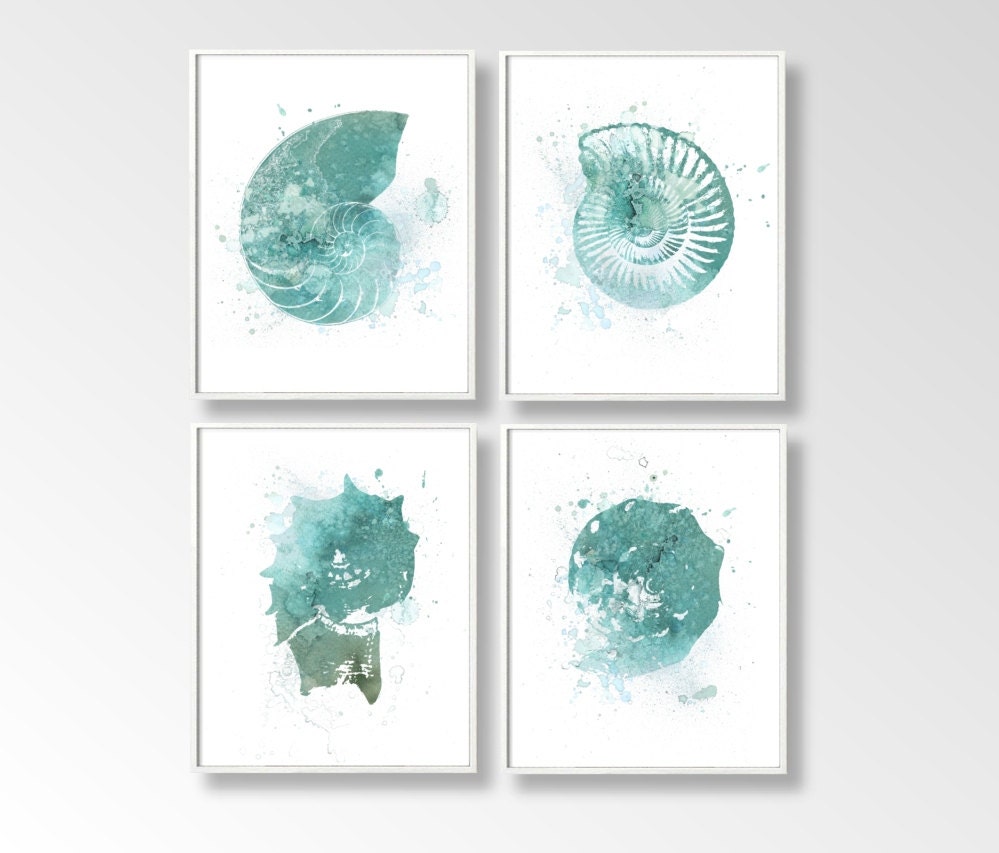 Set of 4 Nautical Prints of Nautical Turquoise Shells by QPrints