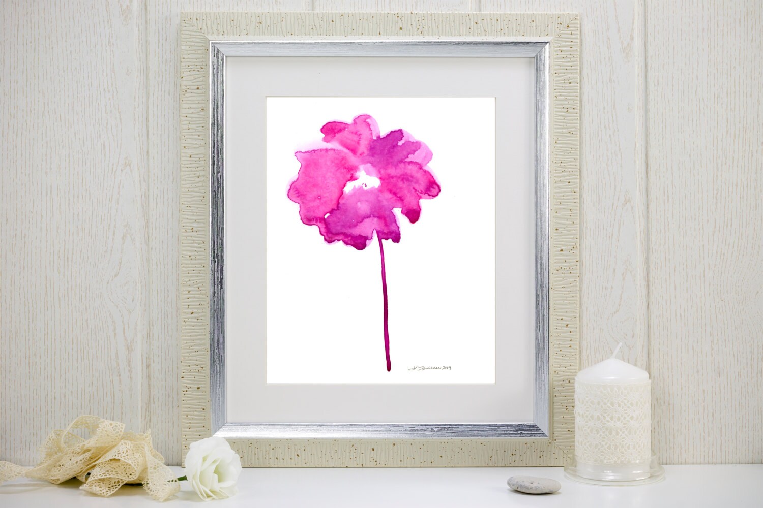 Watercolor art print of a fuchsia abstract flower: