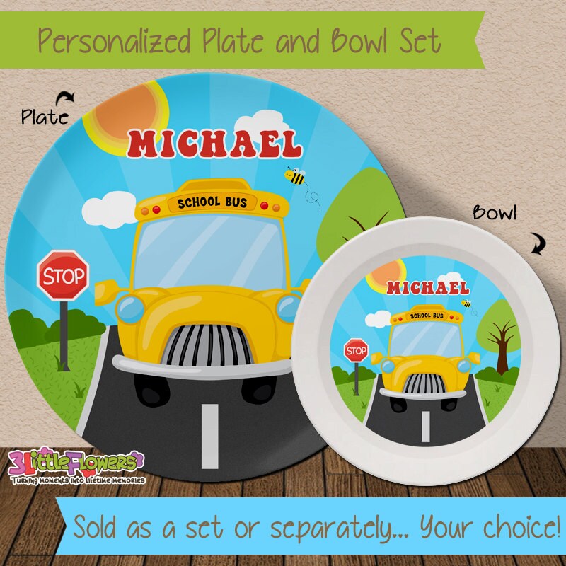 Personalized School Bus Plate and Bowl Set by 3littleflowers