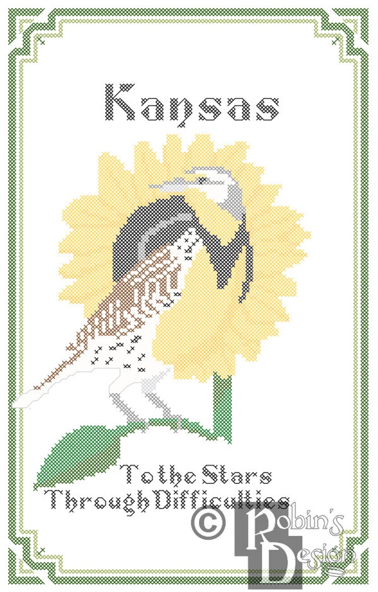 Kansas State Bird Flower and Motto Cross Stitch by robinsdesign
