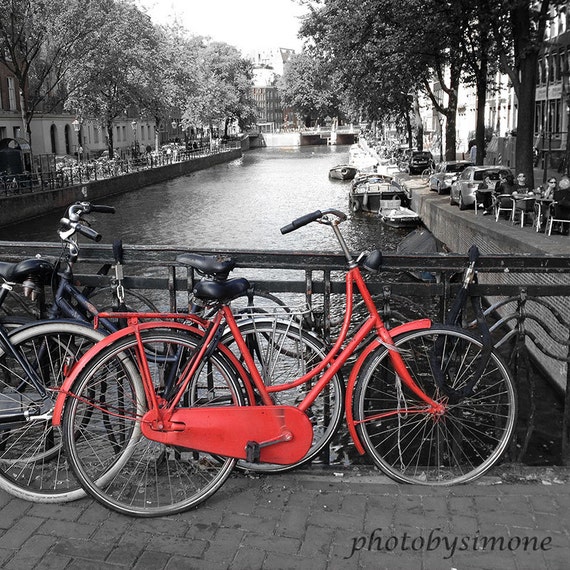 Amsterdam red bike black and white fine art photography water