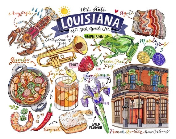 Louisiana Print Symbols Illustration New Orleans Jazz