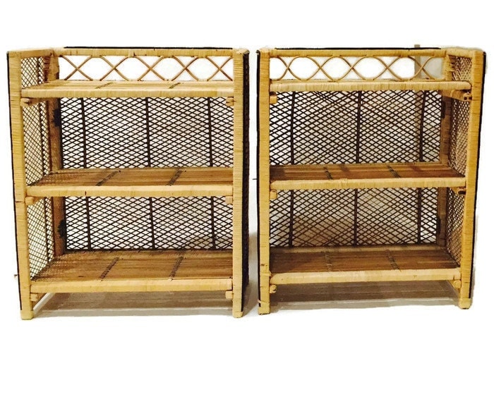 Vintage Rattan Bookcase Bamboo Pair Matching Set Bohemian Vintage Rattan Bookcase Bamboo Pair Matching Set Bohemian