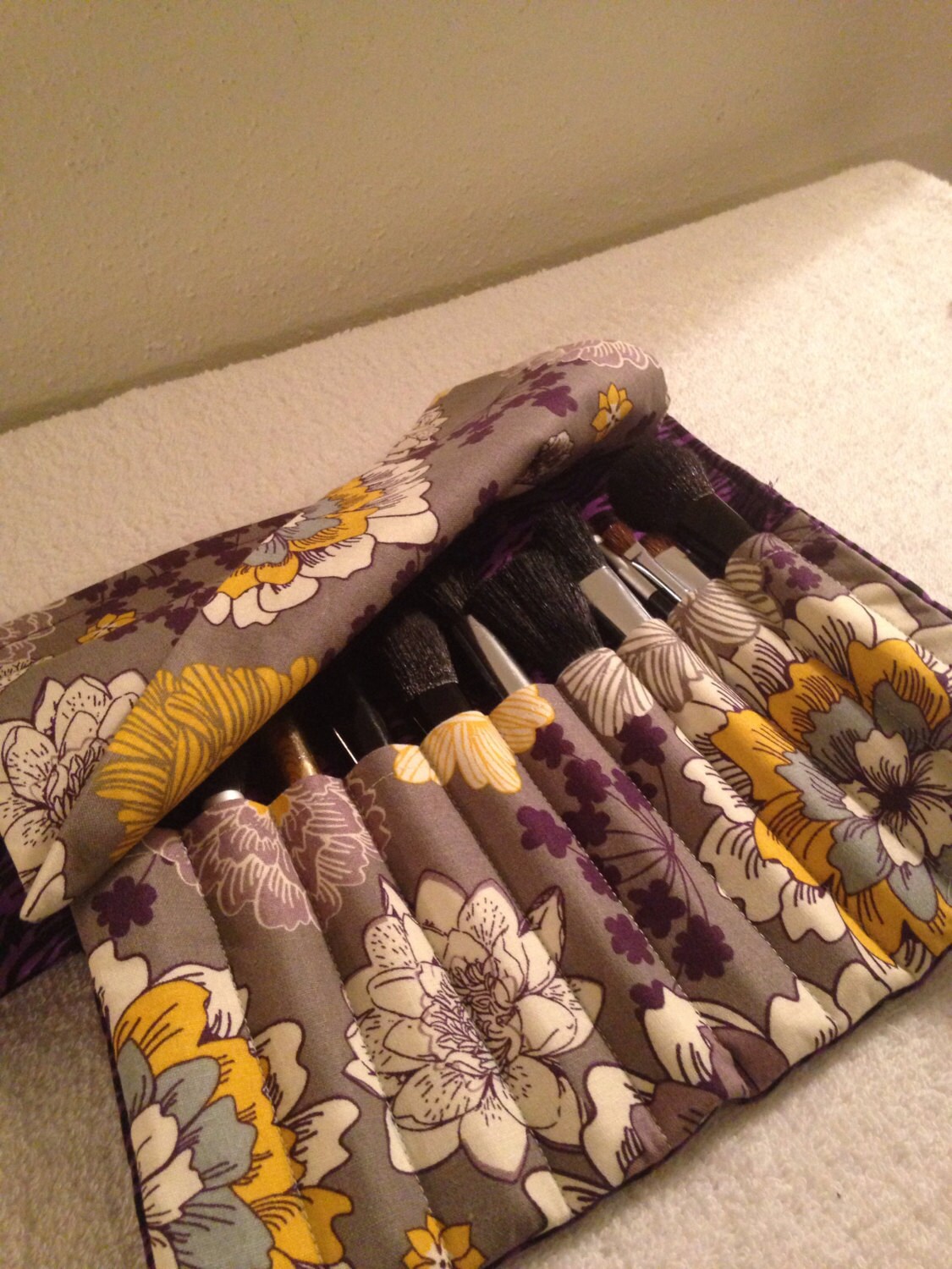 Makeup Cosmetic Brushes Roll / Purple Zebra Purple Floral