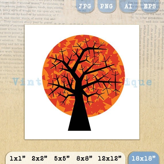 Items similar to Digital Printable Fall Tree Retro Illustration Graphic ...