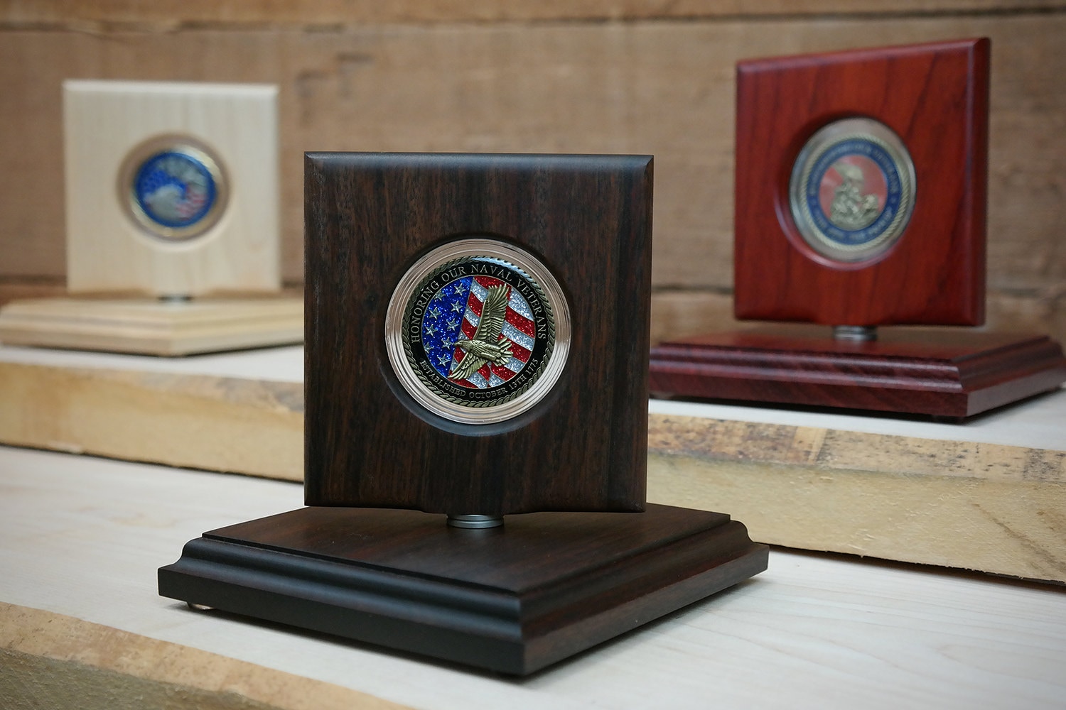 Military Challenge Coin Rotating Display Natural Ipe Wood