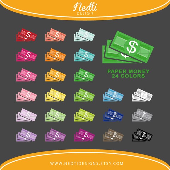 24 Paper Money Clipart Set, Colorful Rainbow, Banknote Bill Note Clip ...