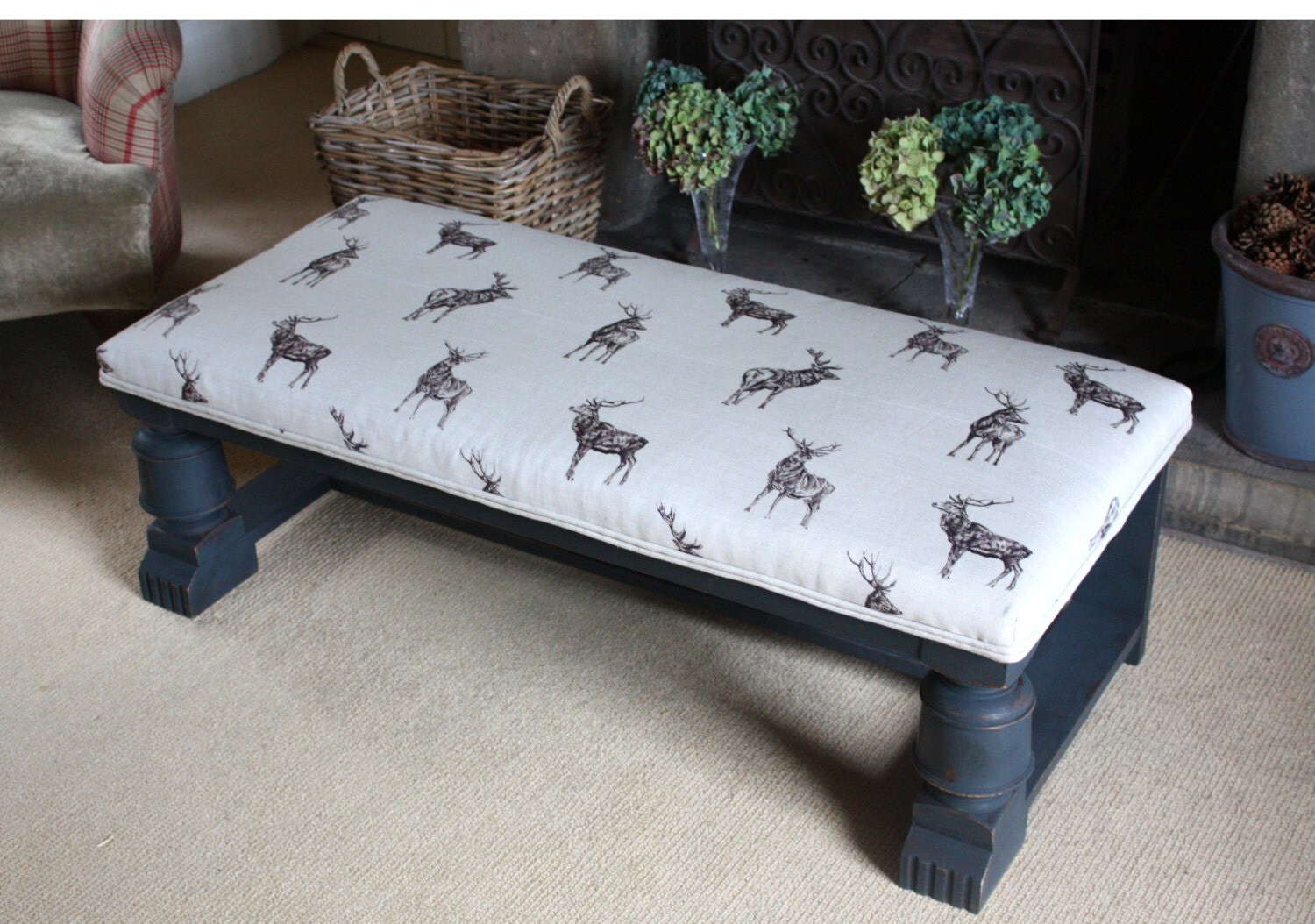 Stunning Large Oak Footstool Upholstered Linen Stag Fabric – Haute Juice