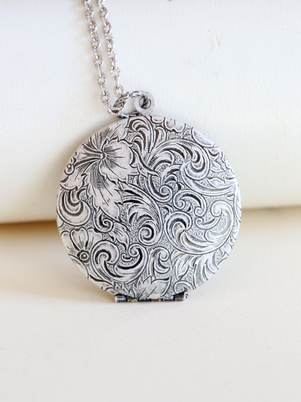 Large Silver Locket Floral Locket JewelryPaisley by emmalocketshop