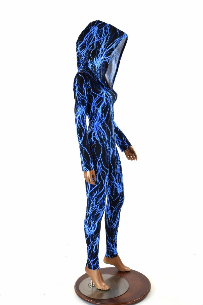 Neon Blue Lighting Print Long Sleeve Hooded by CoquetryClothing