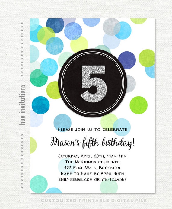 5th Birthday Invitation For Boys Blue Green Confetti Silver