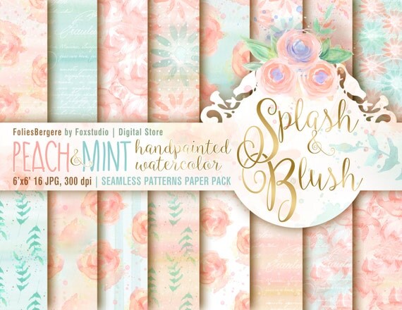 Peach and Mint Digital Paper Pack Watercolor by FoliesBergere