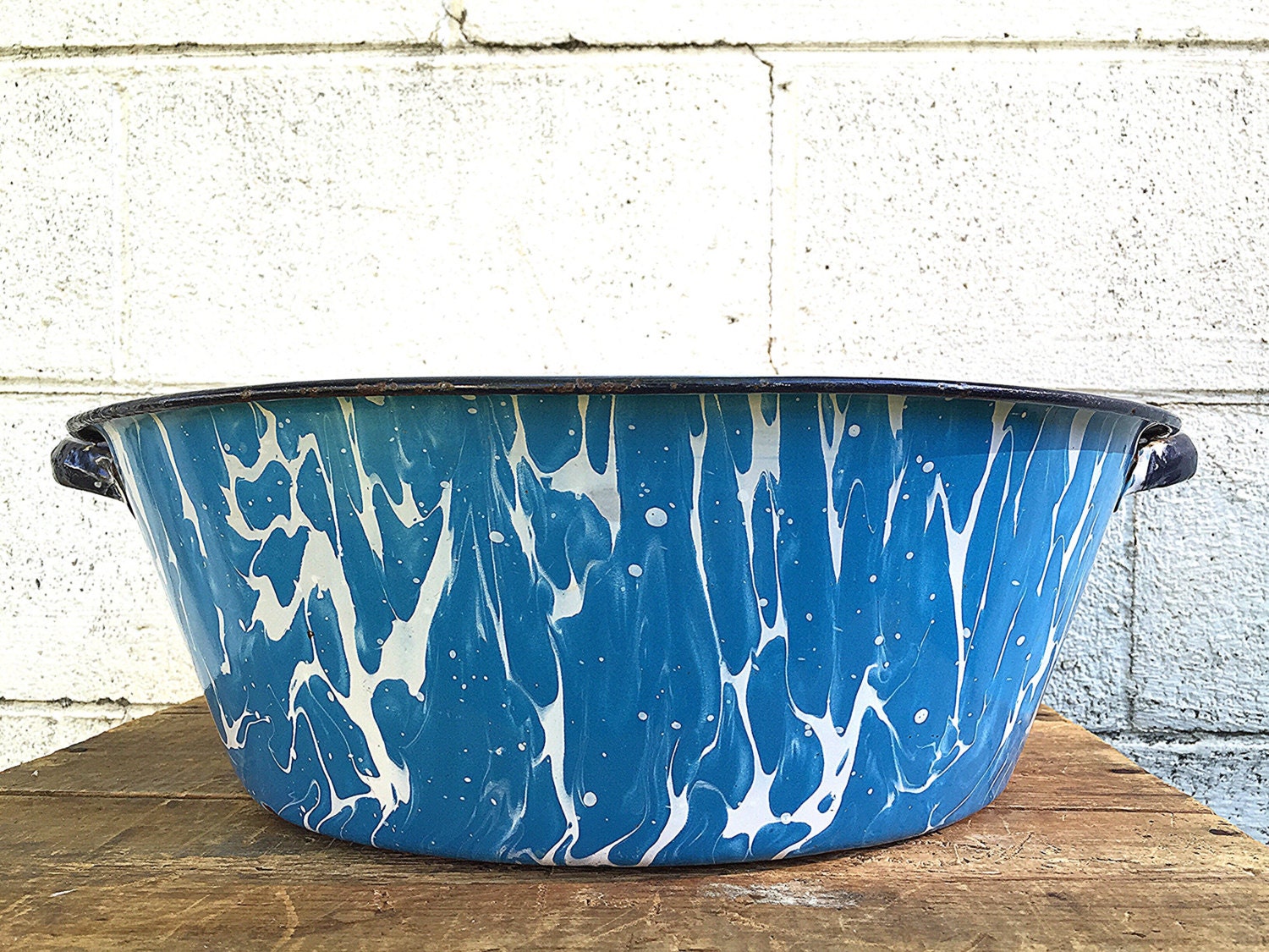 Enamel WASH BASIN Vintage Blue and White by GodSaveStrawberryJam