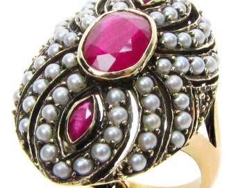 Gold Ruby Ring 9K 9ct Antique Ruby Ring Vintage Diamond