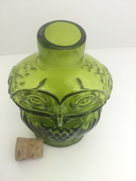Vintage Green Glass Owl Bottle