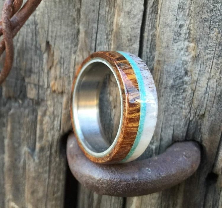 Mens Wedding Band Wood W Antler And Turquoise Staghead
