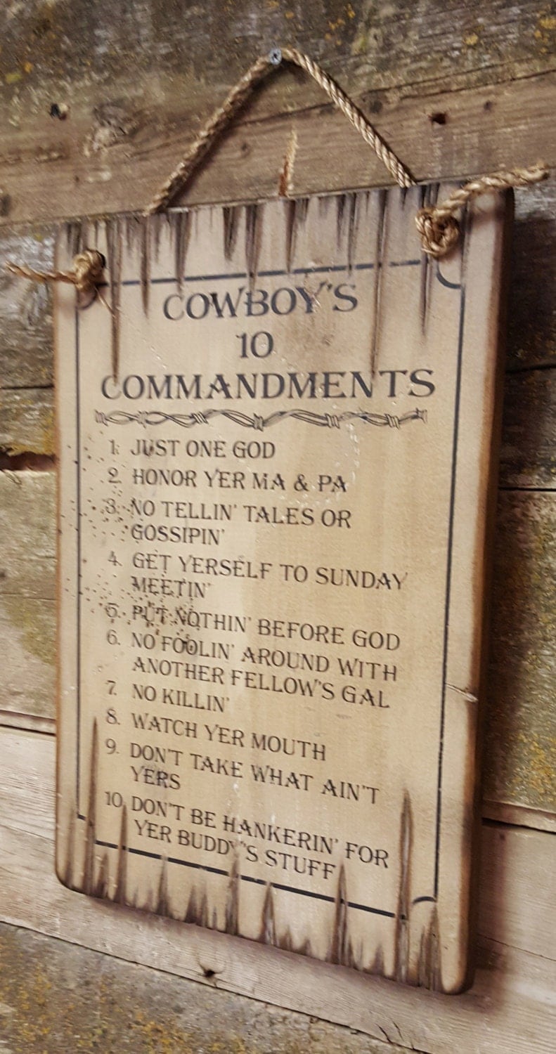 Cowboy's 10 Commandments Western Antiqued Wooden Sign