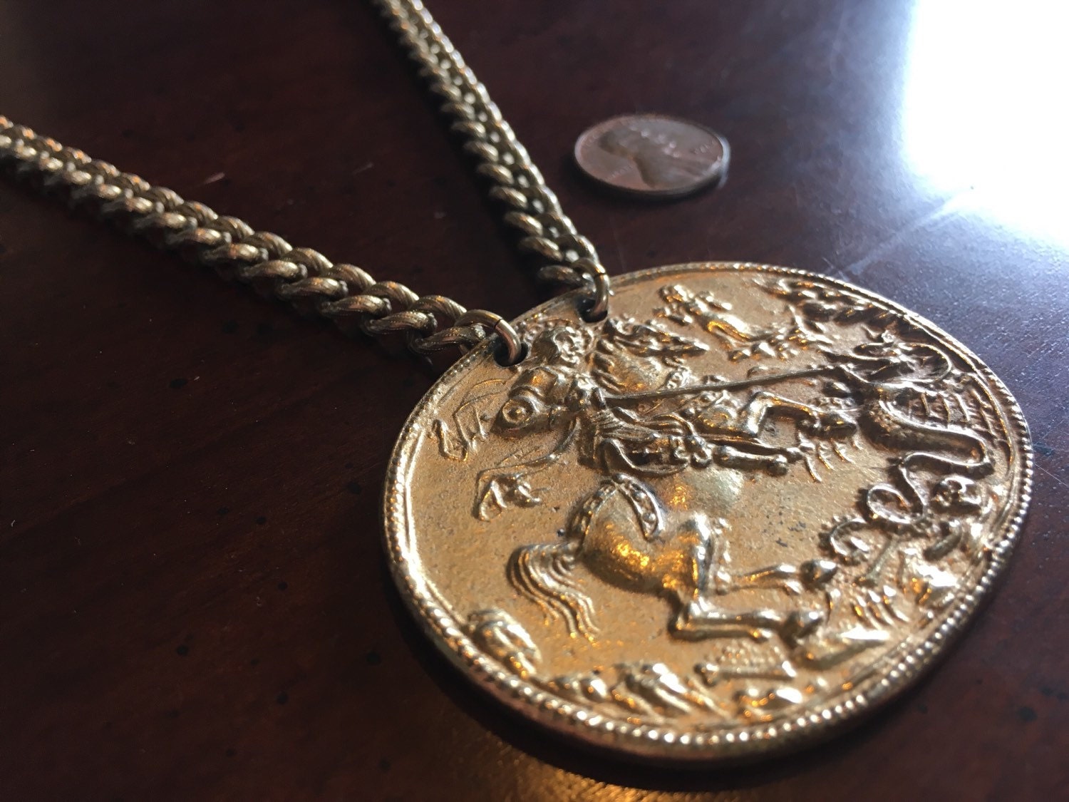 St George Slaying the Dragon Gold Medallion Pendant Necklace