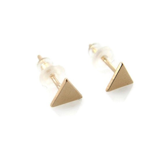 14K gold stud earrings. gold triangle earrings. gold by MayaOr