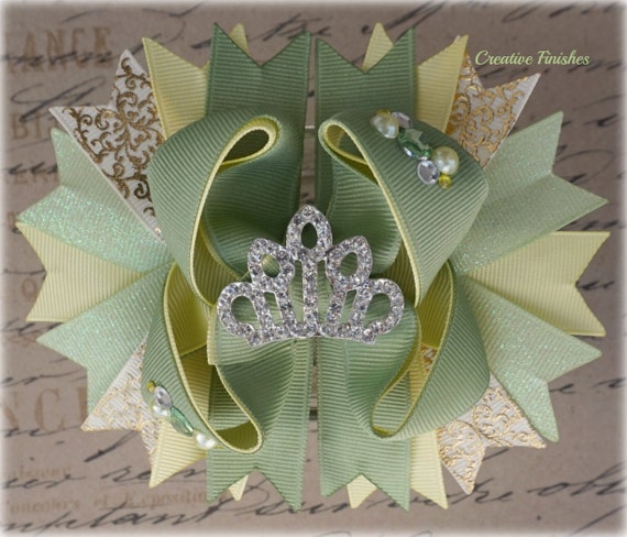 Tiana Hair Bow Tiara Bow Yellow and Green Princess