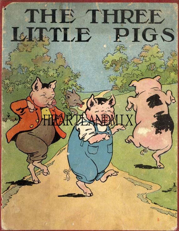 Items similar to Vintage Three Little Pigs illustration, Farm Wall Art ...