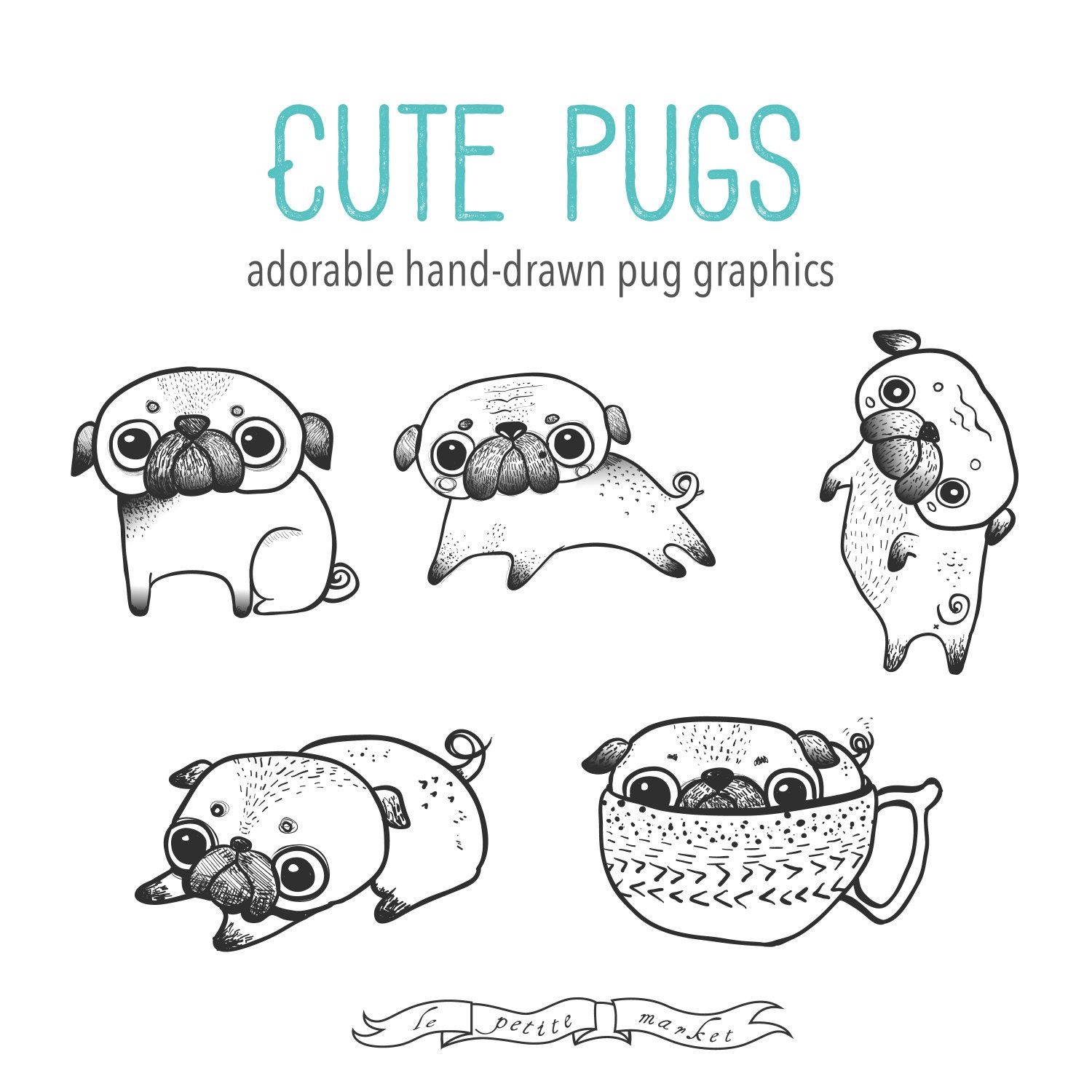 Hand Drawn Cute Digital Pug Clipart Illustration Printable