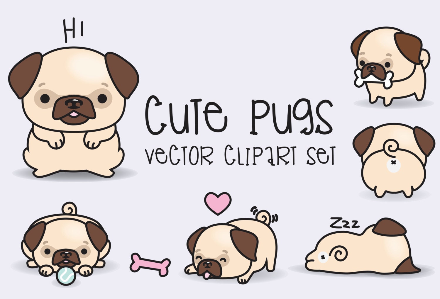 Premium Vector Clipart Kawaii Pugs Cute Pugs Clipart Set