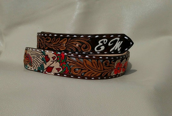 Tooled belt with filigree paint and buckstitching