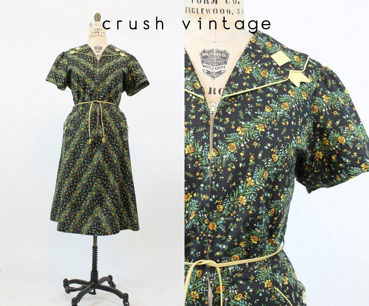 40s Dress Cotton XL Plus / 1940s Dress Floral Zipper Front
