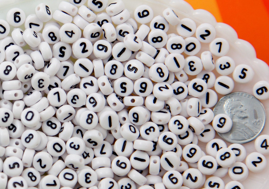 Number Beads 7mm Little Round White Number Acrylic or Resin
