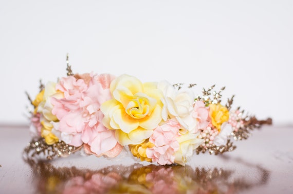 Floral Crown Flower Halo in Pink Yellow and Gold Flowers