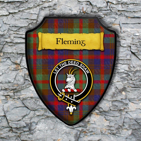 Fleming Shield Plaque with Scottish Clan Coat of Arms Badge on
