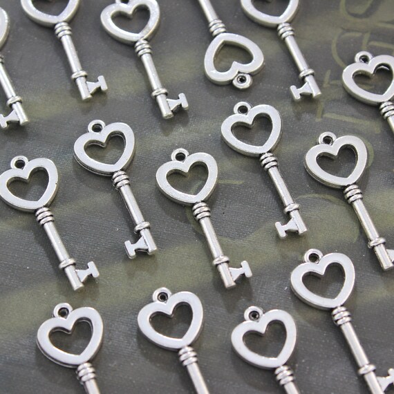 50 pcs Small Antique Silver Double sided skeleton Key Charm