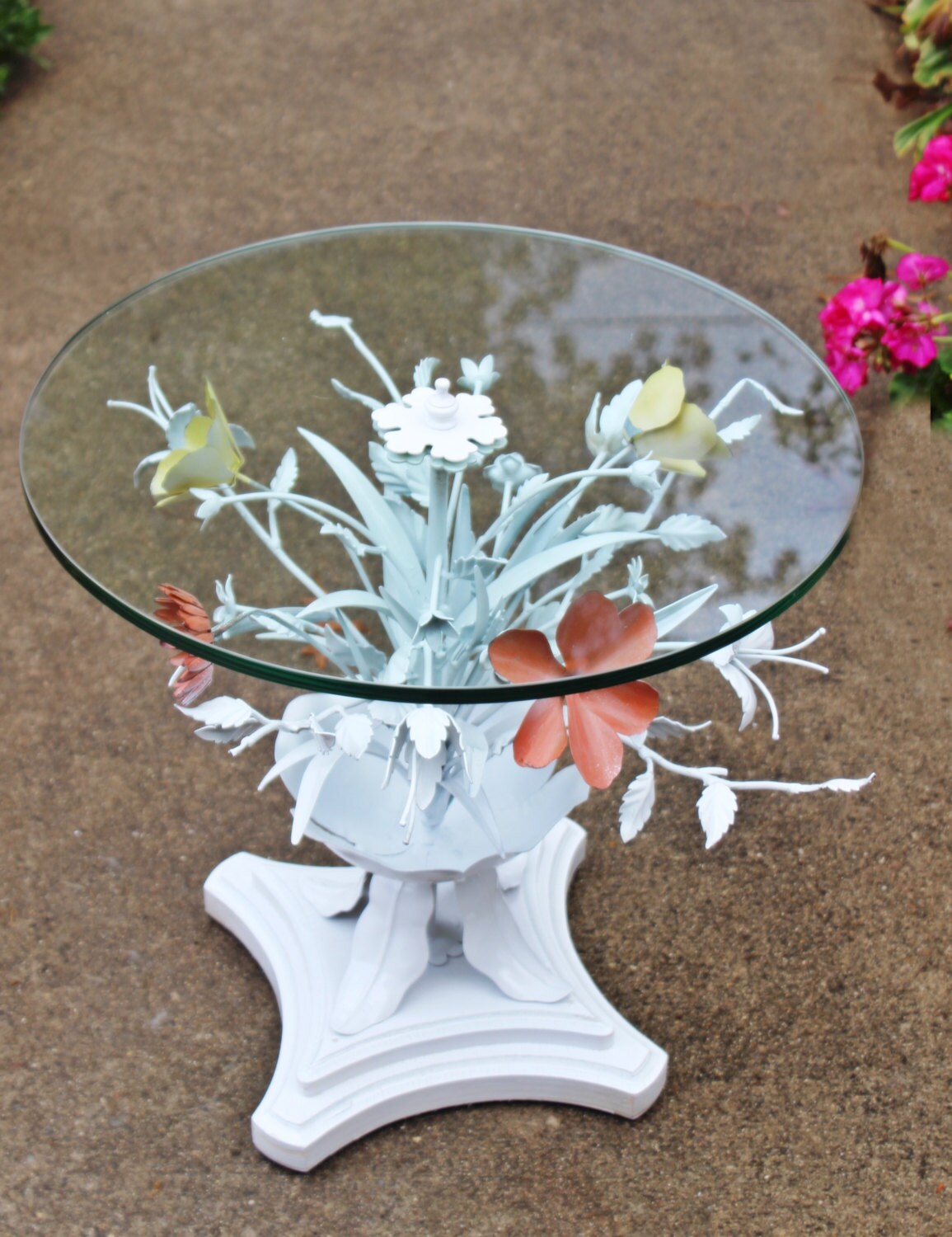 Vintage Tempered Glass Top Table, Metal Flower Base, Thick Glass Top ...