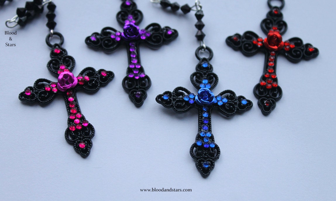 Gothic Rosary Black Rose Cross Necklace