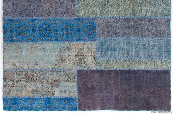 Handmade Turkish Patchwork Rug Shades of Blue