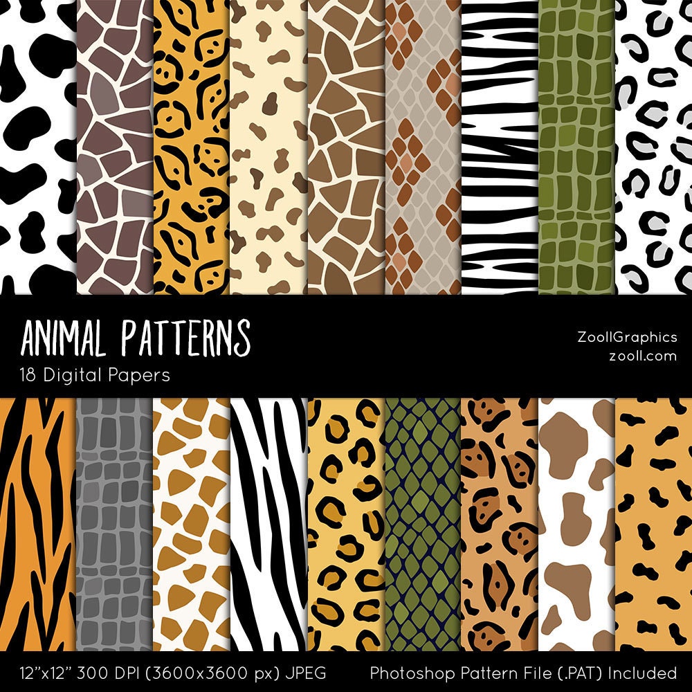 Animal Patterns, 18 Digital Papers (12“x12“), Photoshop Pattern File ...